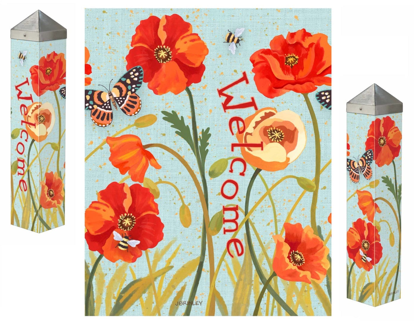 Poppy Butterfly Art Pole 20 Inches Tall Welcome