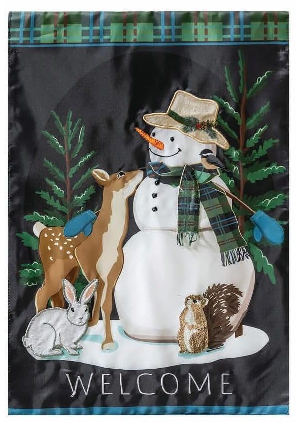 Woodland Snowman and Friends Garden Flag 2 Sided Winter